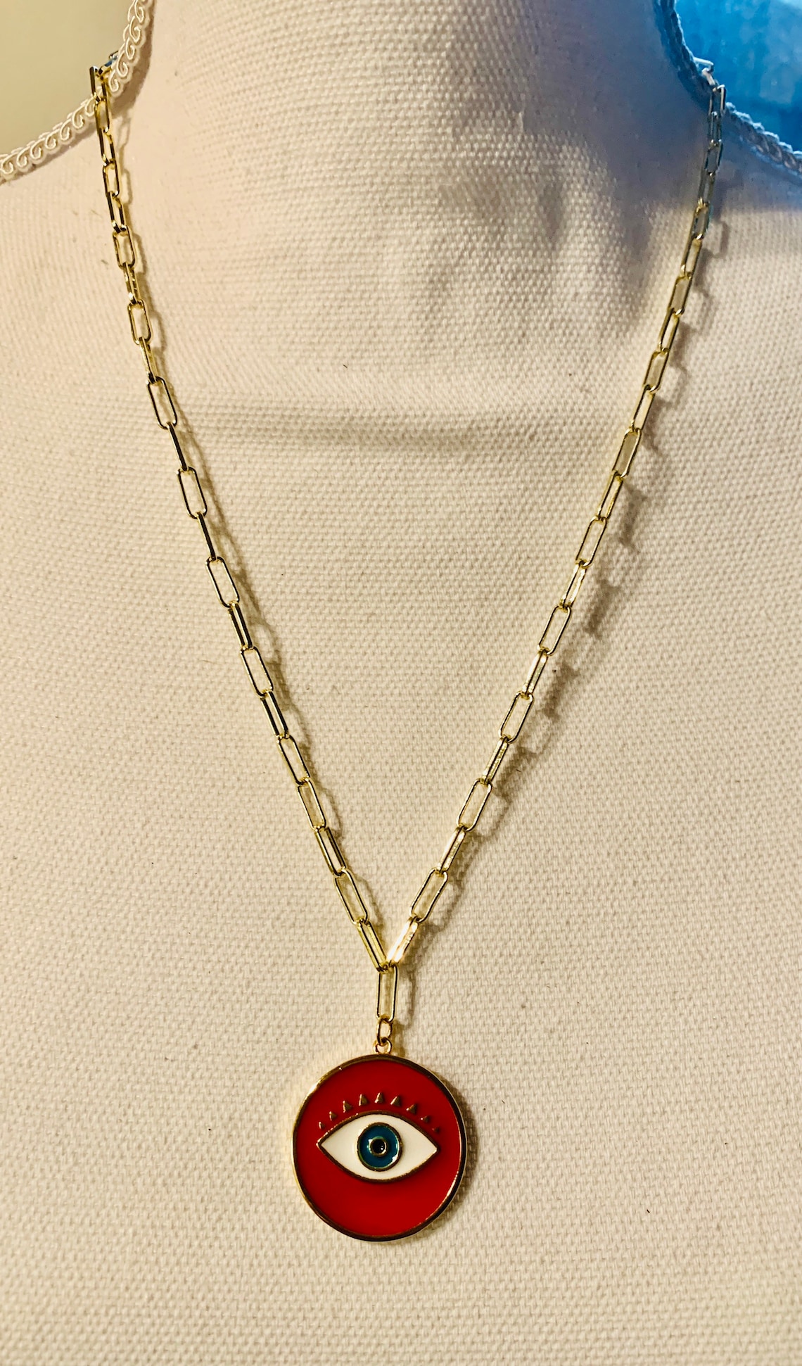 22” Gold Plated Round Red Evil Eye Pendant With Layering Paperclip ...