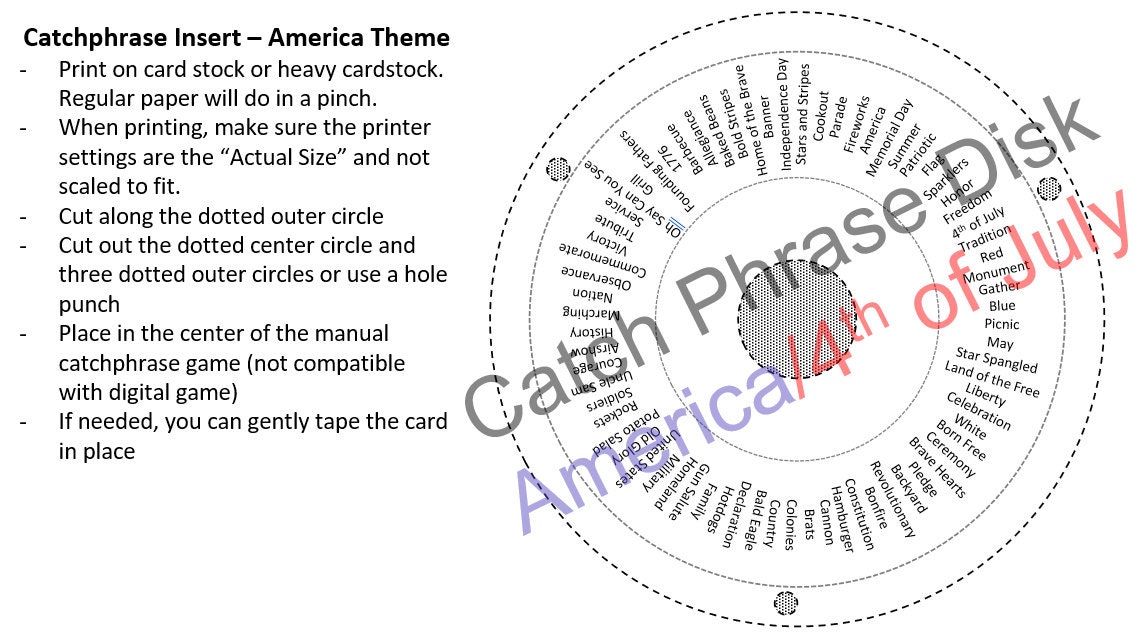 4th of July, Memorial Day, America Catch Phrase Party Game Disk/insert ...