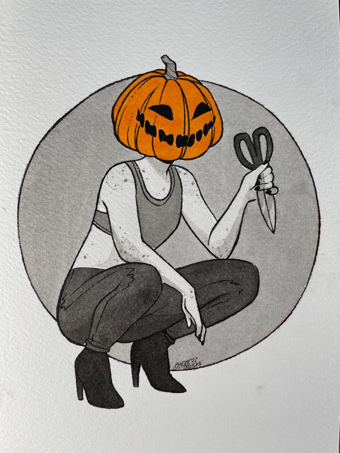 Pumpkin Babe With Scissors Original Illustration - Etsy