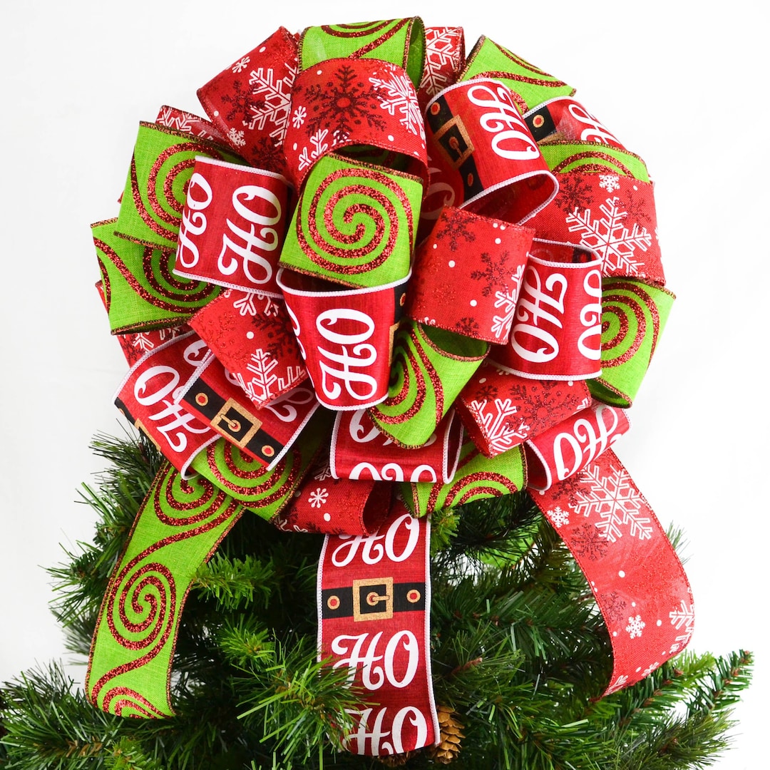Santa Christmas Tree Topper Bow, Red and Lime Green Gift or Present Bow ...