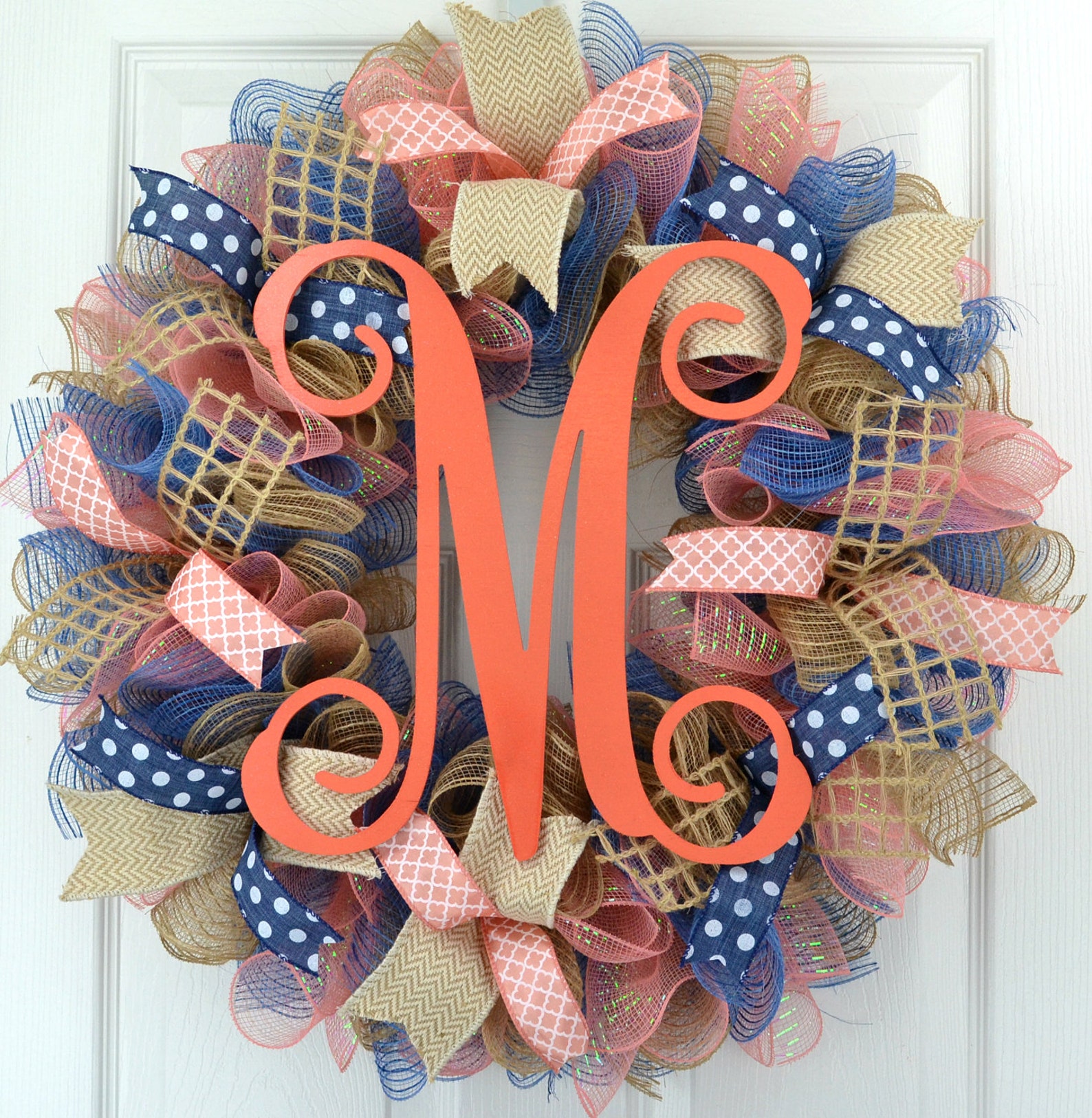 Monogram Spring Wreath Navy Blue Wreath Coral Wreath | Etsy