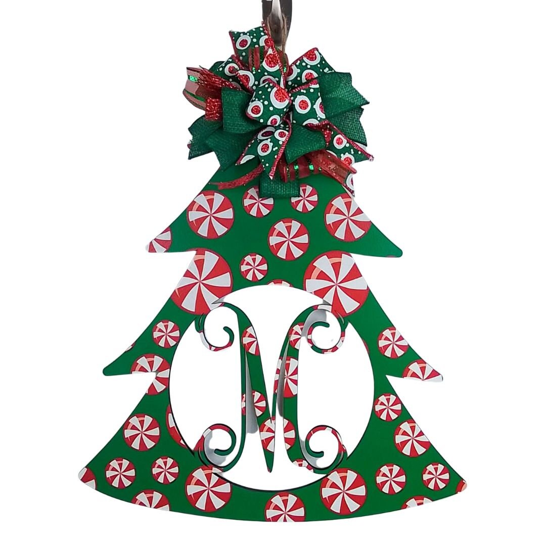 Peppermint Candy Door Hanger, Custom Monogram Decor, 18" Christmas Ornament, Thin Door Wreath ...