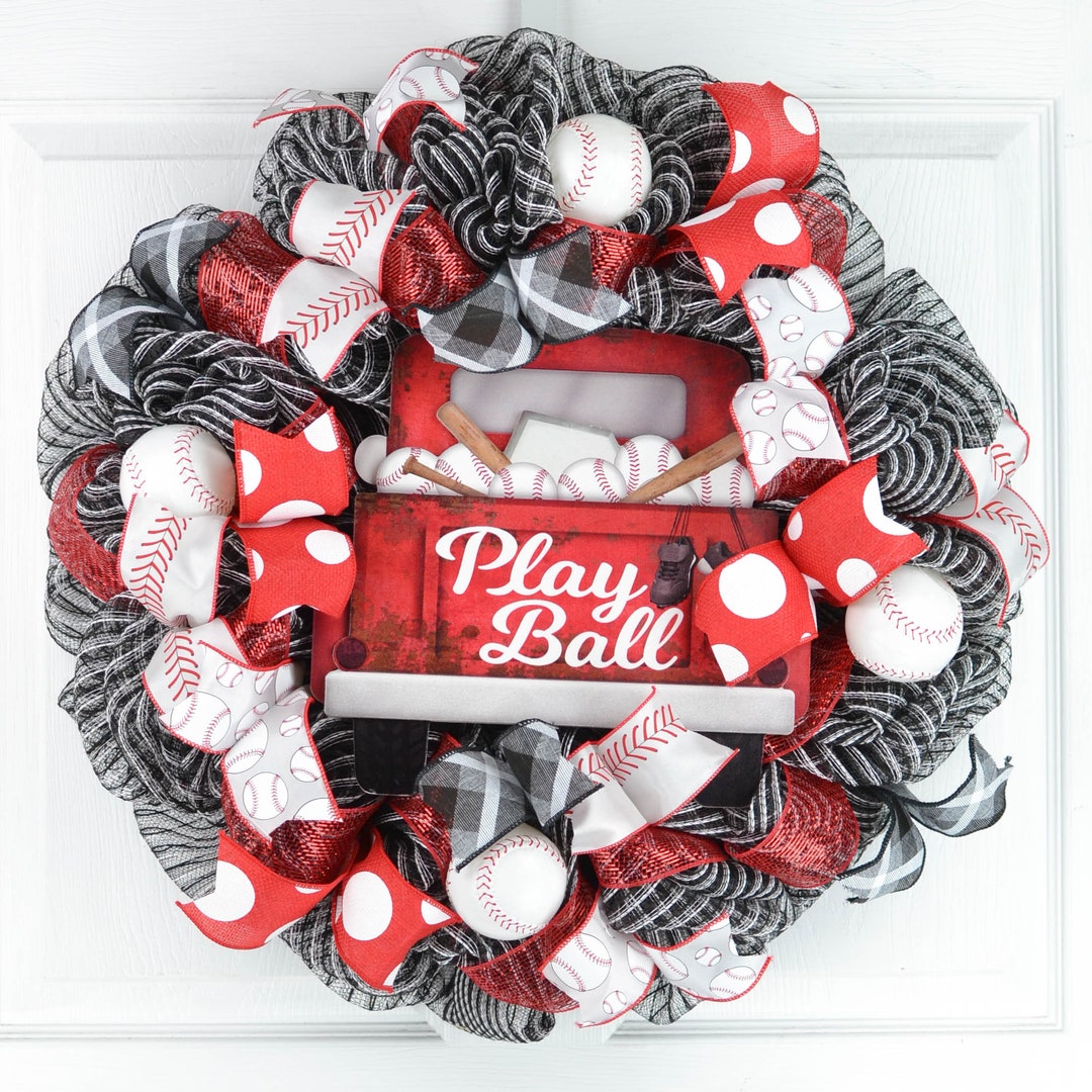Baseball Front Door Wreath, Play Ball Mesh Wreath, Black Red White - Etsy