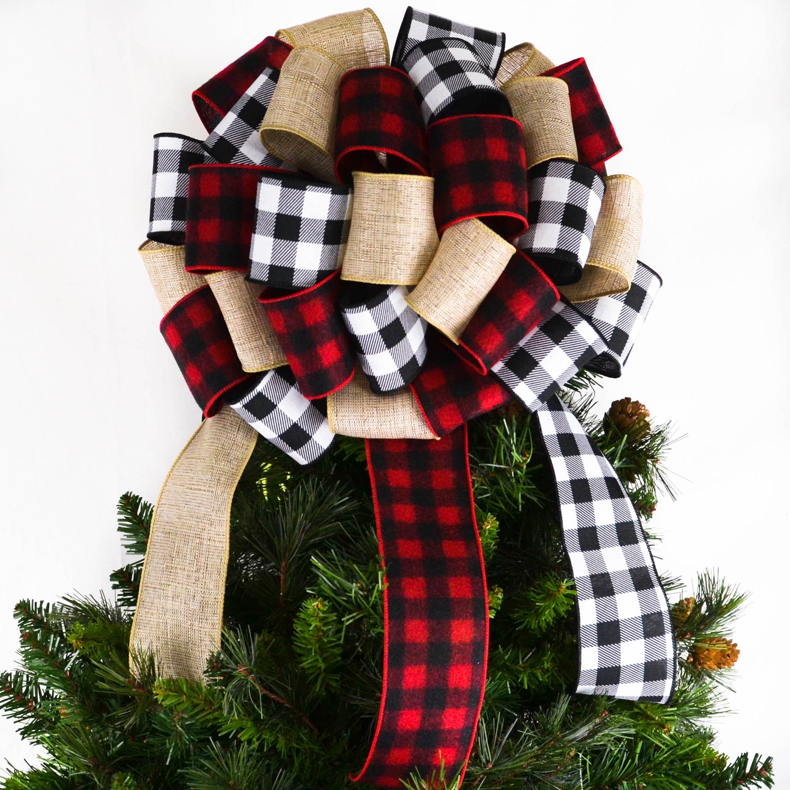 Burlap Buffalo Check Plaid Christmas Tree Topper Red White | Etsy