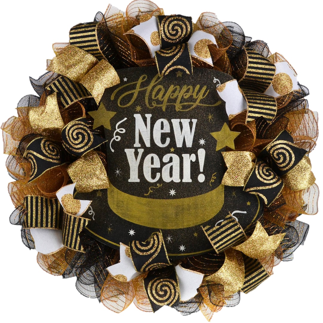 Happy New Year Front Door Wreath, Vintage New Years Wreath, New Years ...