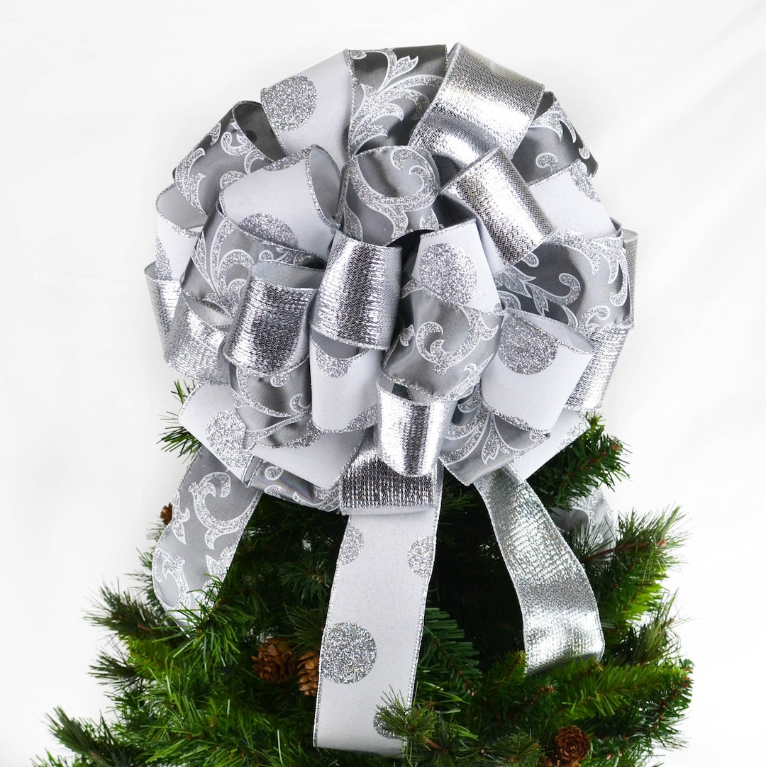 Grey Silver and White Tree Bow Topper, Christmas Present or Gift Bow - Etsy