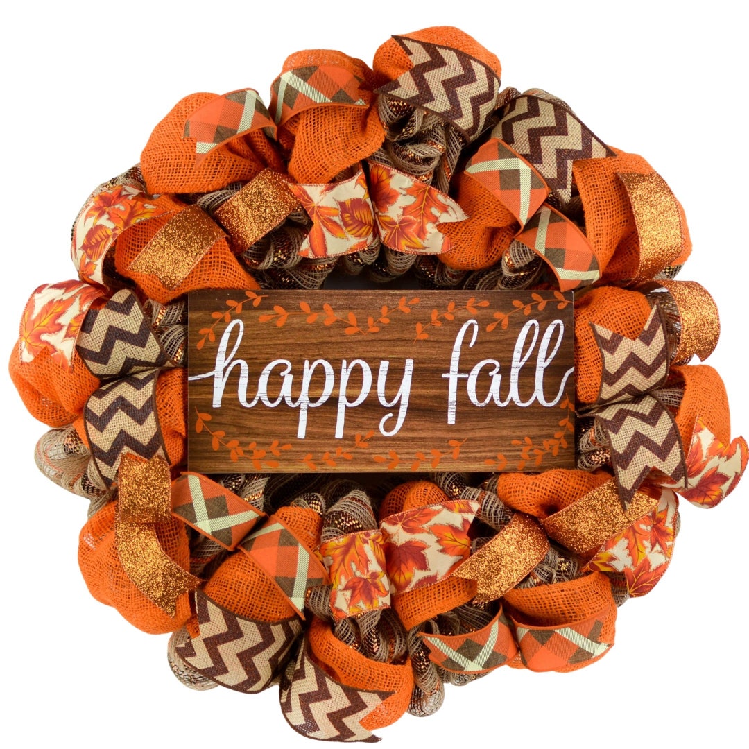 Happy Fall Wreath - Thanksgiving Deco Mesh Front Door Wreath - Brown ...