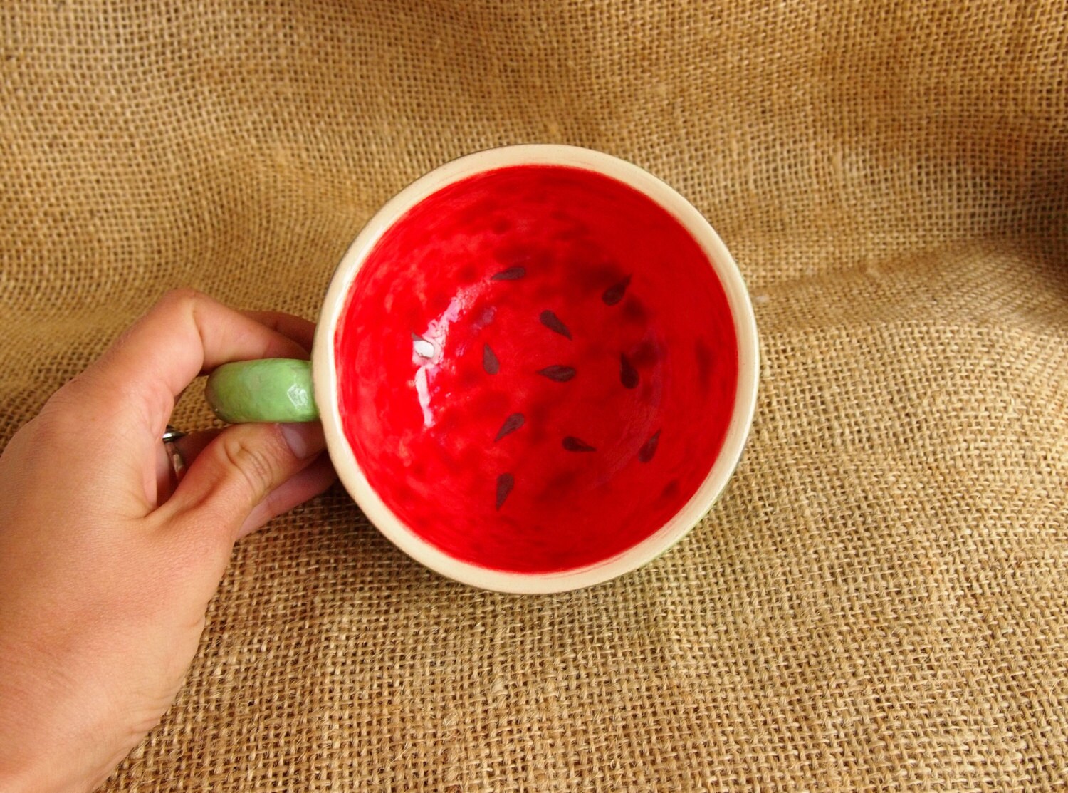 WATERMELLON TEA MUG Green & Red Mug Fruit Big Cup Handmade - Etsy
