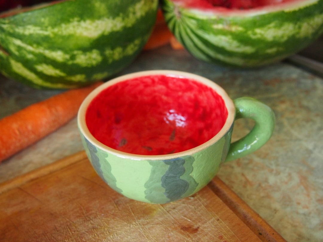 WATERMELLON TEA MUG Green & Red Mug Fruit Big Cup Handmade Ceramic Cup ...