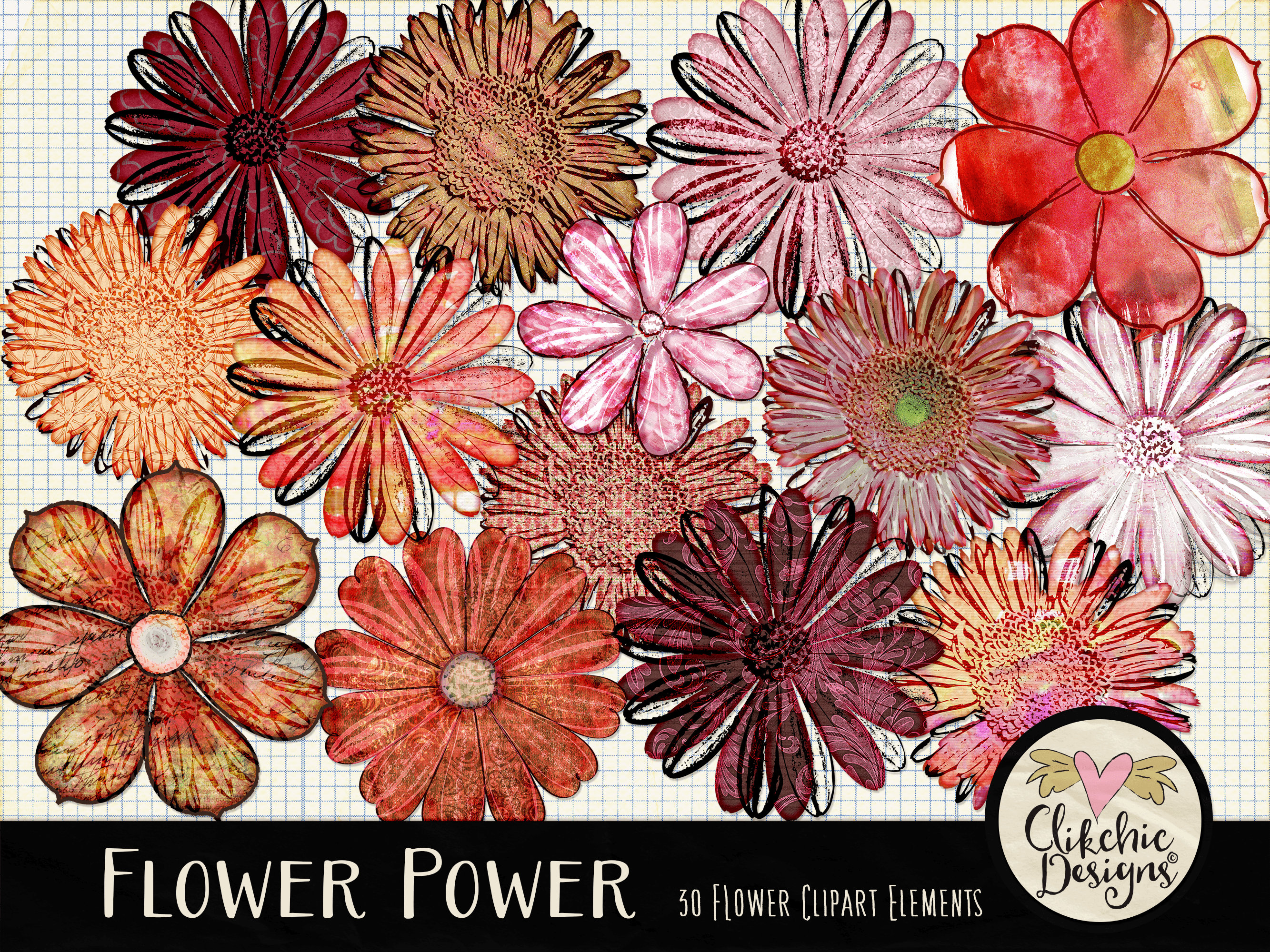 Flower Clipart Elements - Flower Power Digital Scrapbook Clip Art ...