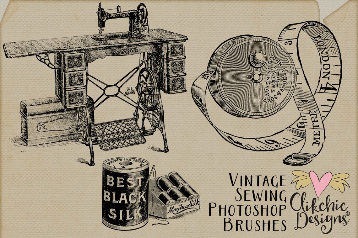 Vintage Sewing Clip Art & Photoshop Brushes - 23 Vintage Sewing Clipart ...