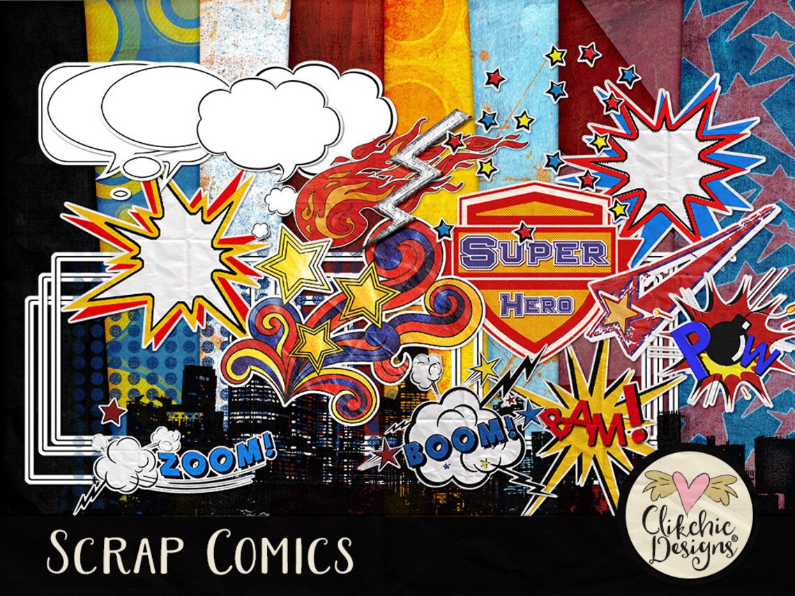 Comic Book Digital Scrapbook Kit Clip Art - Super Hero Digital ...