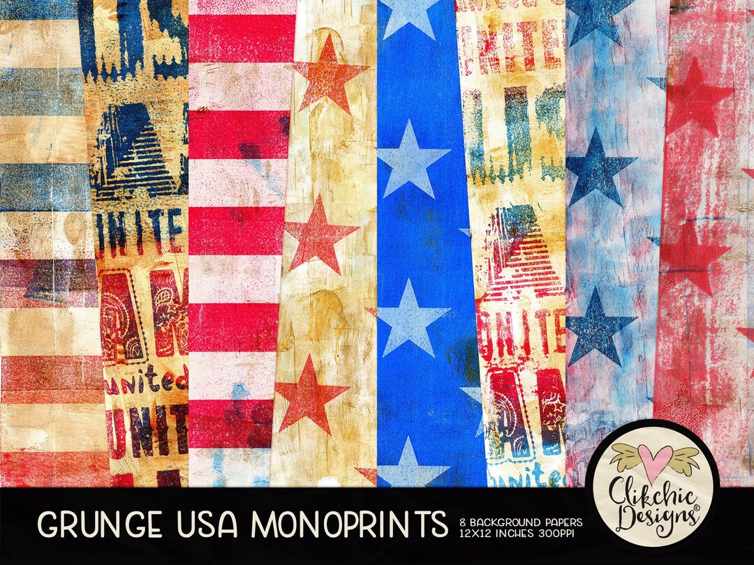 Grunge USA Digital Paper Pack: Patriotic Monoprint Backgrounds (digital ...