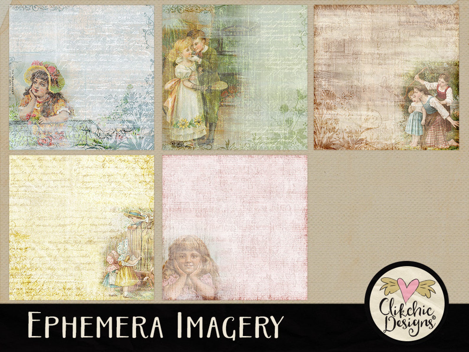Vintage Digital Paper Pack - Chic Ephemera Digital Scrapbook Paper ...