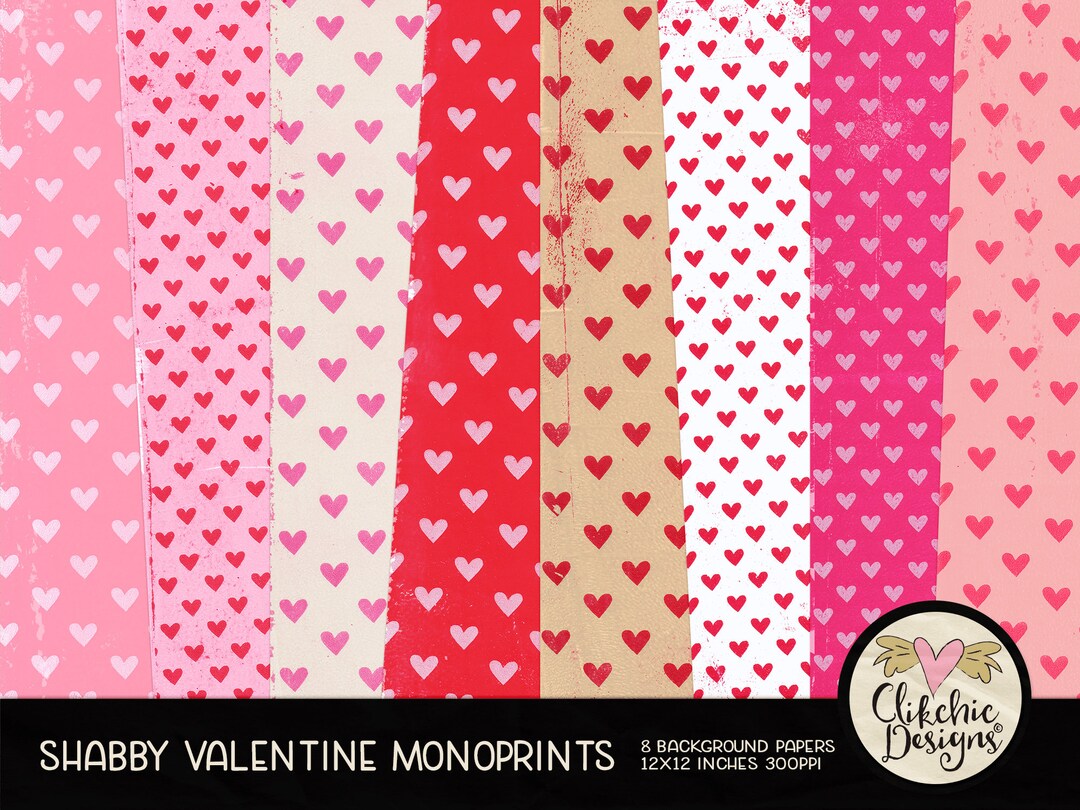 Valentine Hearts Digital Paper Pack - Shabby Monoprint Painted Gradient ...