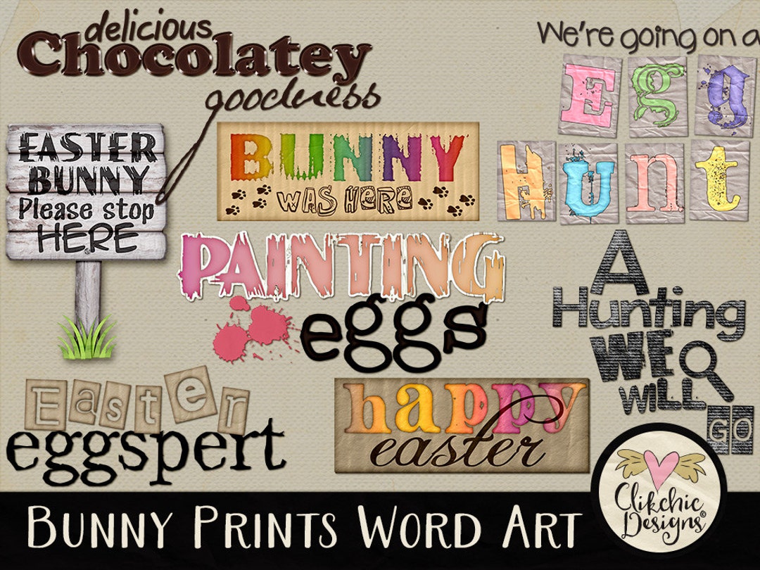 Easter Word Art Clipart: Bunny Prints, Scrapbook Overlays (digital ...