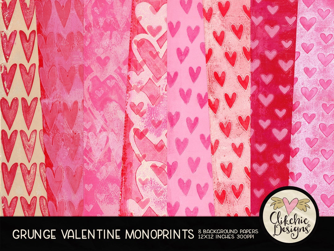 Valentine Hearts Digital Paper Pack Shabby Monoprint Painted Gradient ...