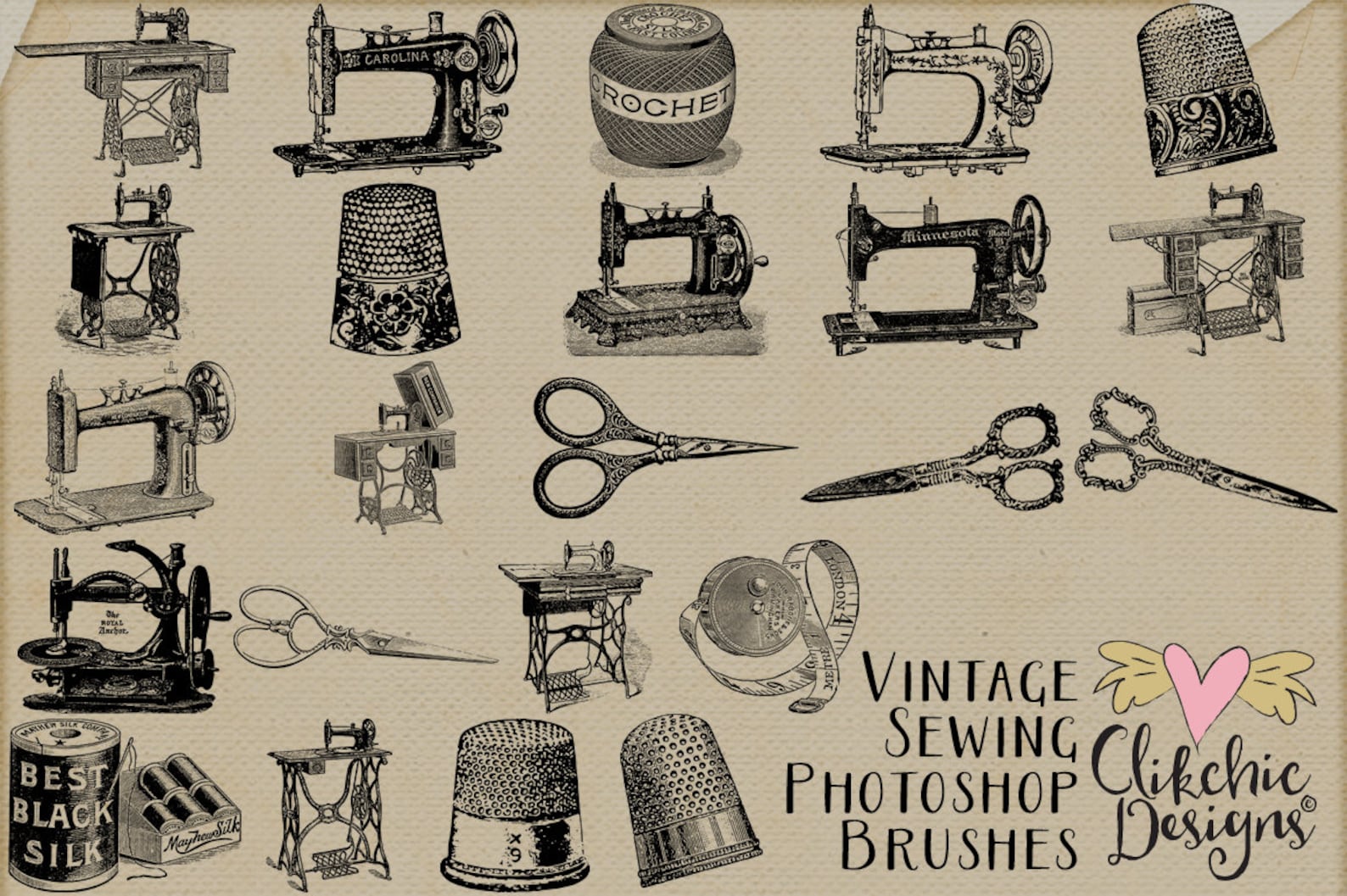 Vintage Sewing Clip Art & Photoshop Brushes - 23 Vintage Sewing Clipart ...