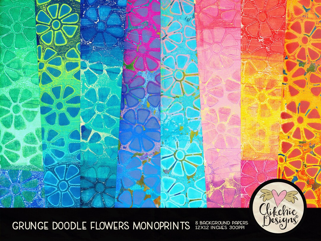 Floral Digital Paper Pack - Grunge Doodle Flowers Monoprint Painted ...