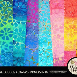 Floral Digital Paper Pack - Grunge Doodle Flowers Monoprint Painted ...