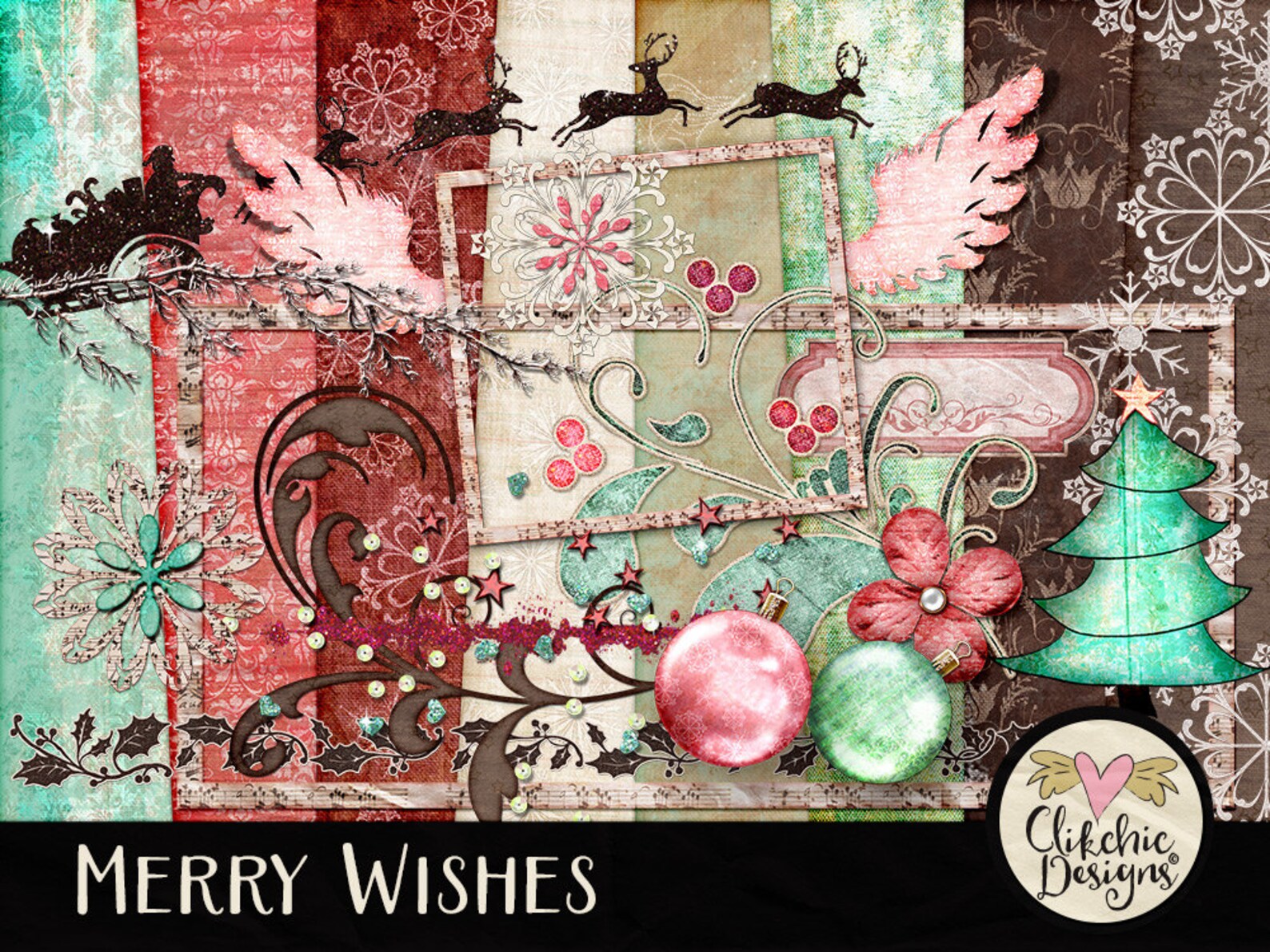 Christmas Digital Scrapbook Kit Clip Art - Merry Wishes Digital ...
