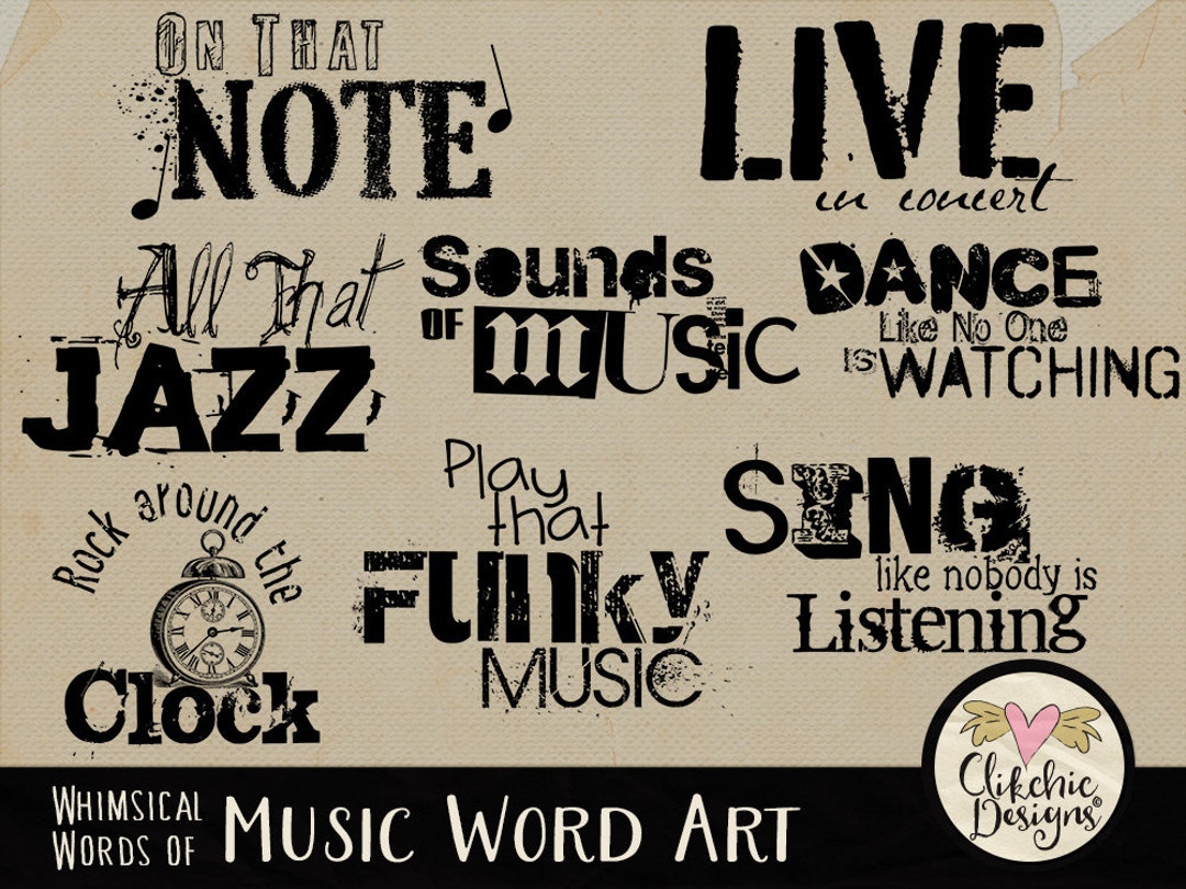 Music Word Art Clipart: Scrapbook Typography Overlays (digital Download ...