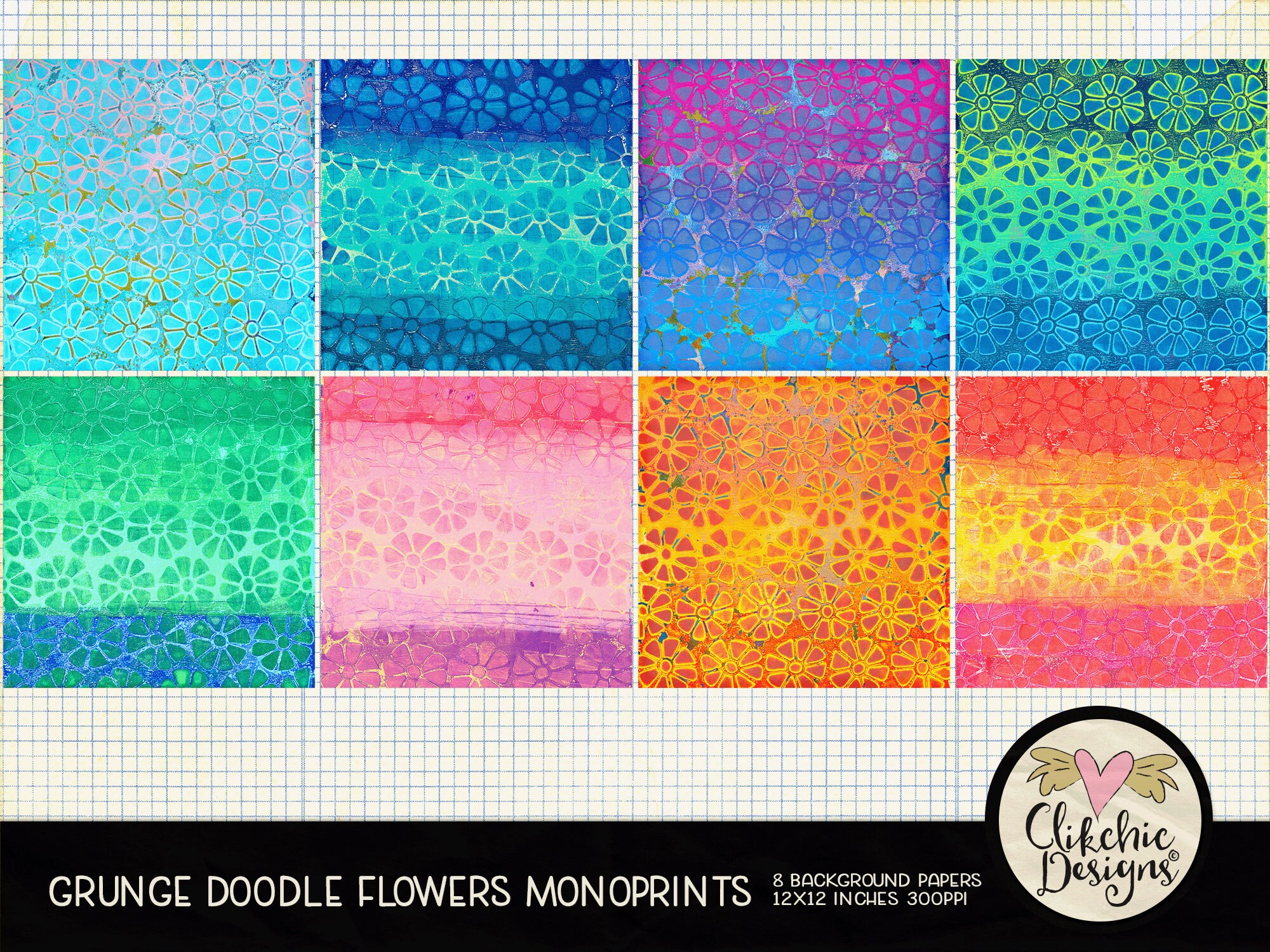 Floral Digital Paper Pack Grunge Doodle Flowers Monoprint - Etsy