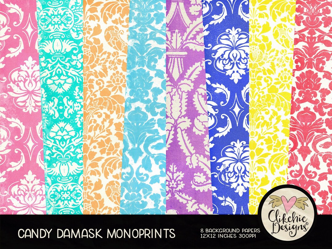 Damask Digital Paper Pack - Candy Damask Monoprint Painted Shabby ...