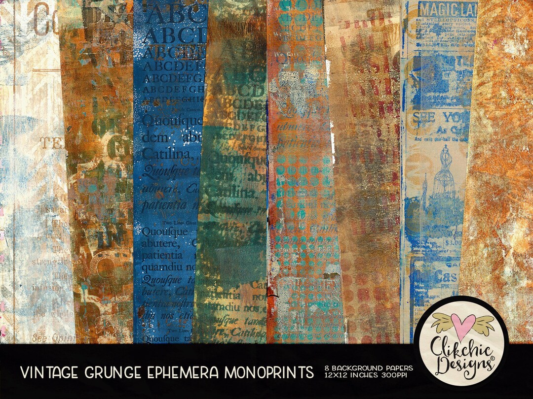 Grunge Digital Paper Pack - Vintage Grunge Ephemera Monoprint Painted ...