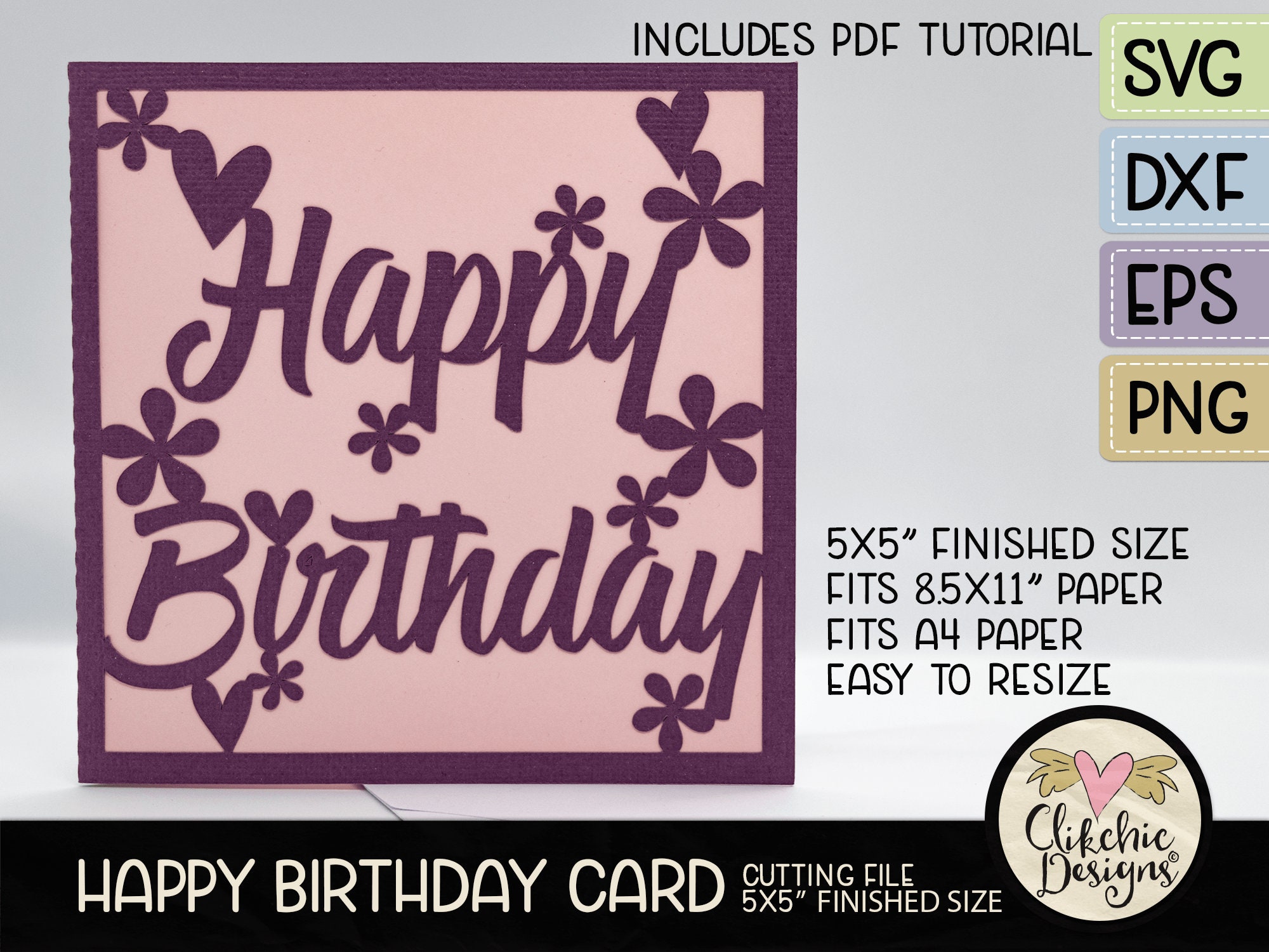Floral Happy Birthday Card SVG Cutting File, 5 Square Birthday Card Cut ...