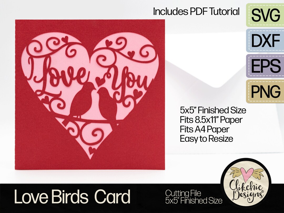 I Love You Birds Card SVG Cutting File, 5" Square Anniversary Card Cut ...