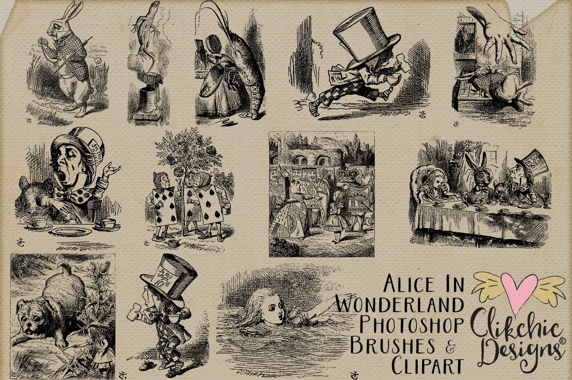 Alice in Wonderland Clip Art & 36 Vintage Photoshop Brushes, .eps ...