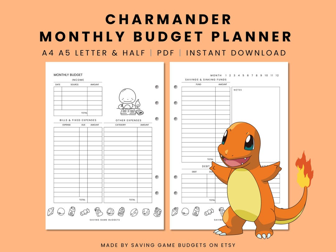 POKEMON Charmander Cute Monthly Budget Planner, Printable A4 Letter ...