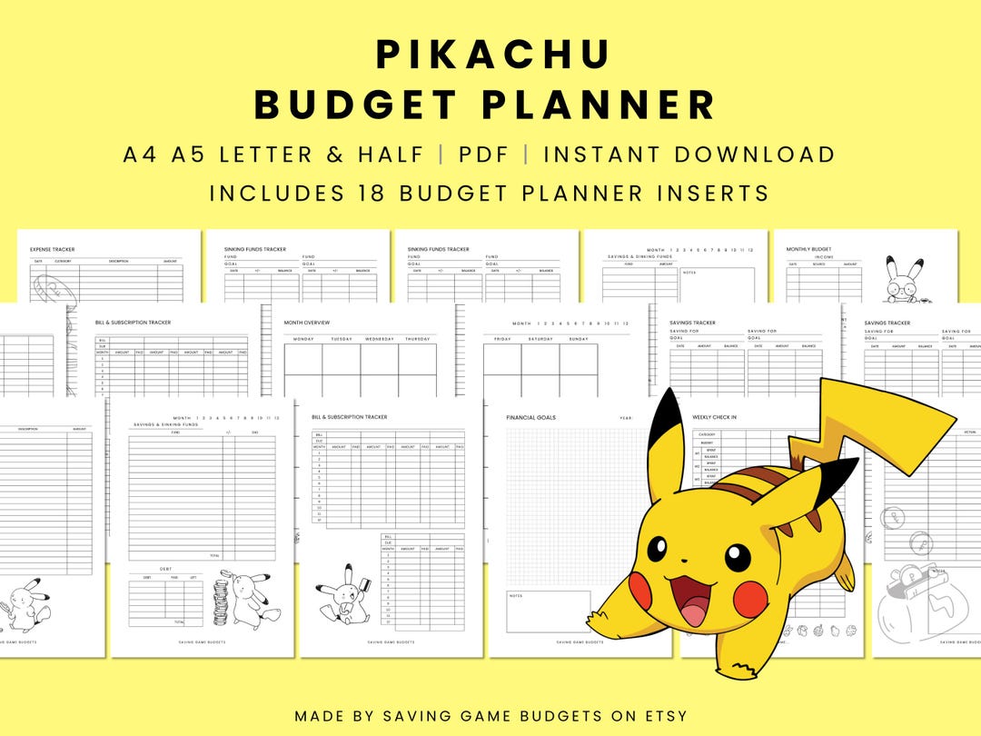 POKEMON Pikachu Printable Budget Planner Cute, A4 Letter, PDF Financial ...