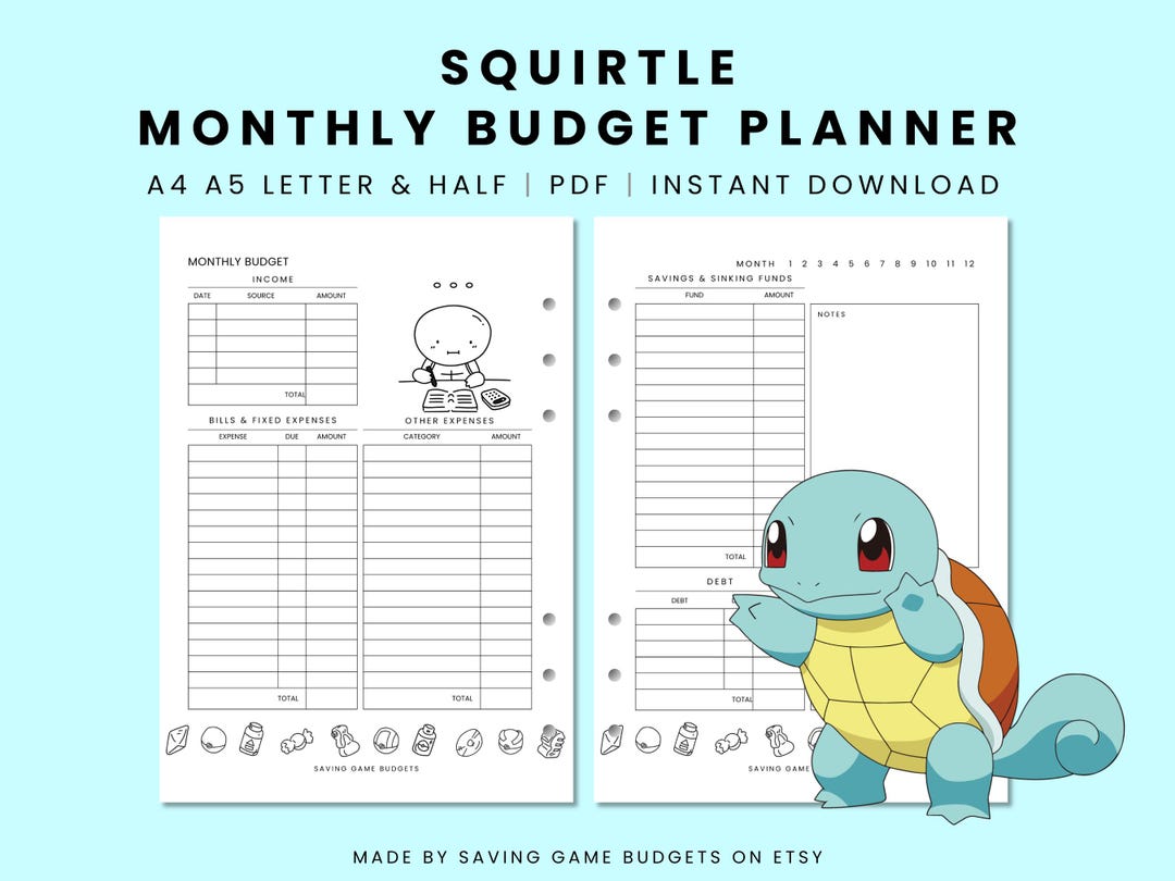 POKEMON Squirtle Cute Monthly Budget Planner, Printable A4 Letter, PDF ...