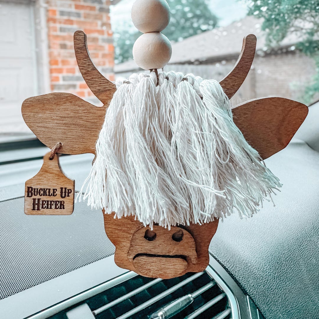 Highland Cow Charm With Buckle up Heifer Ear Tag, Rear View Mirror, Car ...