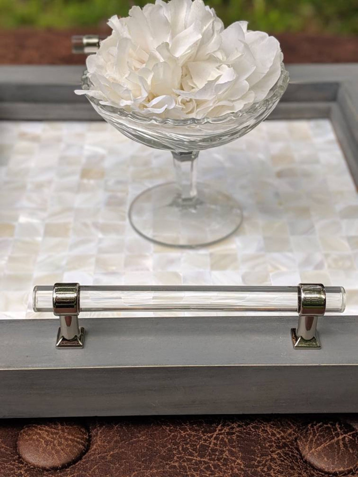 Ottoman Tray. Serving Tray. Gray Wood Frame. White Mother of - Etsy