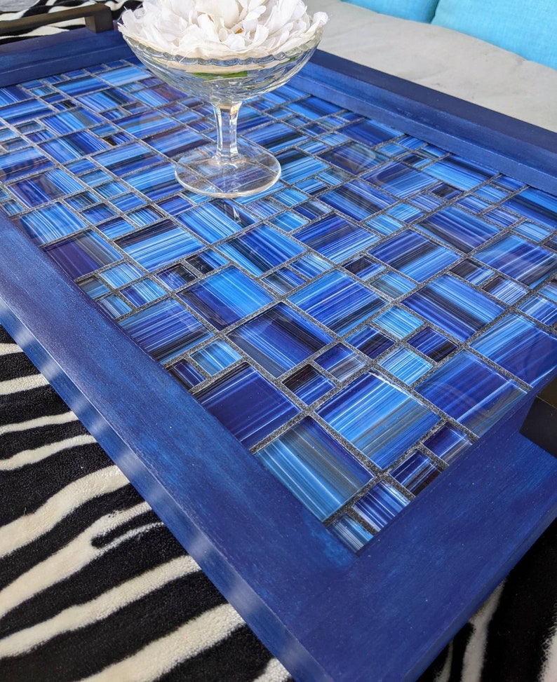 Ottoman Tray. Bright Blue Wood Frame. Blue Mosaic Glass Tile. Serving ...