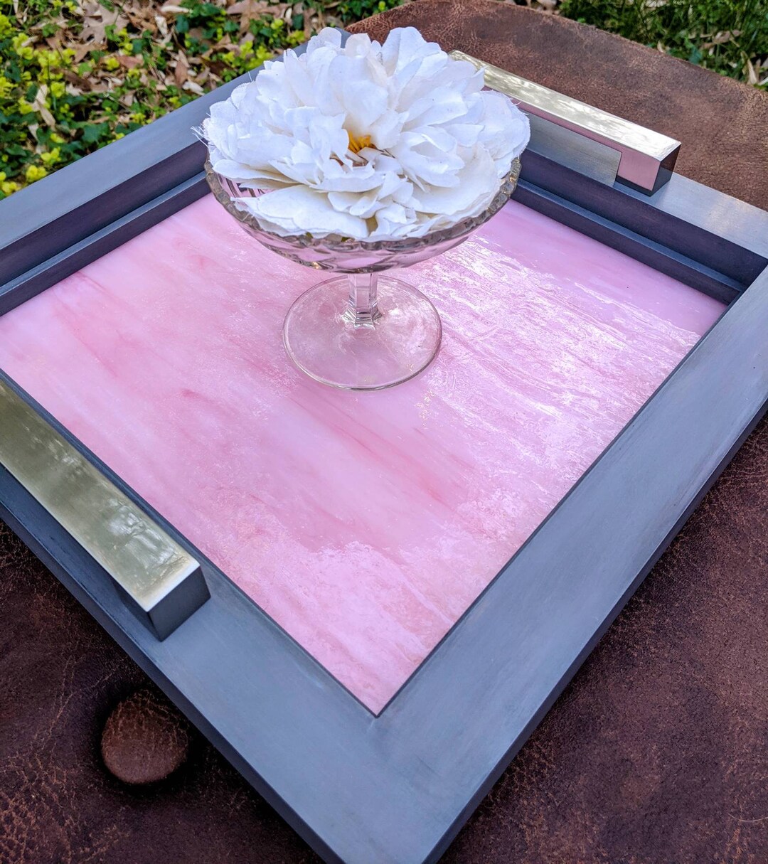 Pink Serving Tray. Ottoman Tray. Vanity Tray. Gray Wood. Pink Glass ...