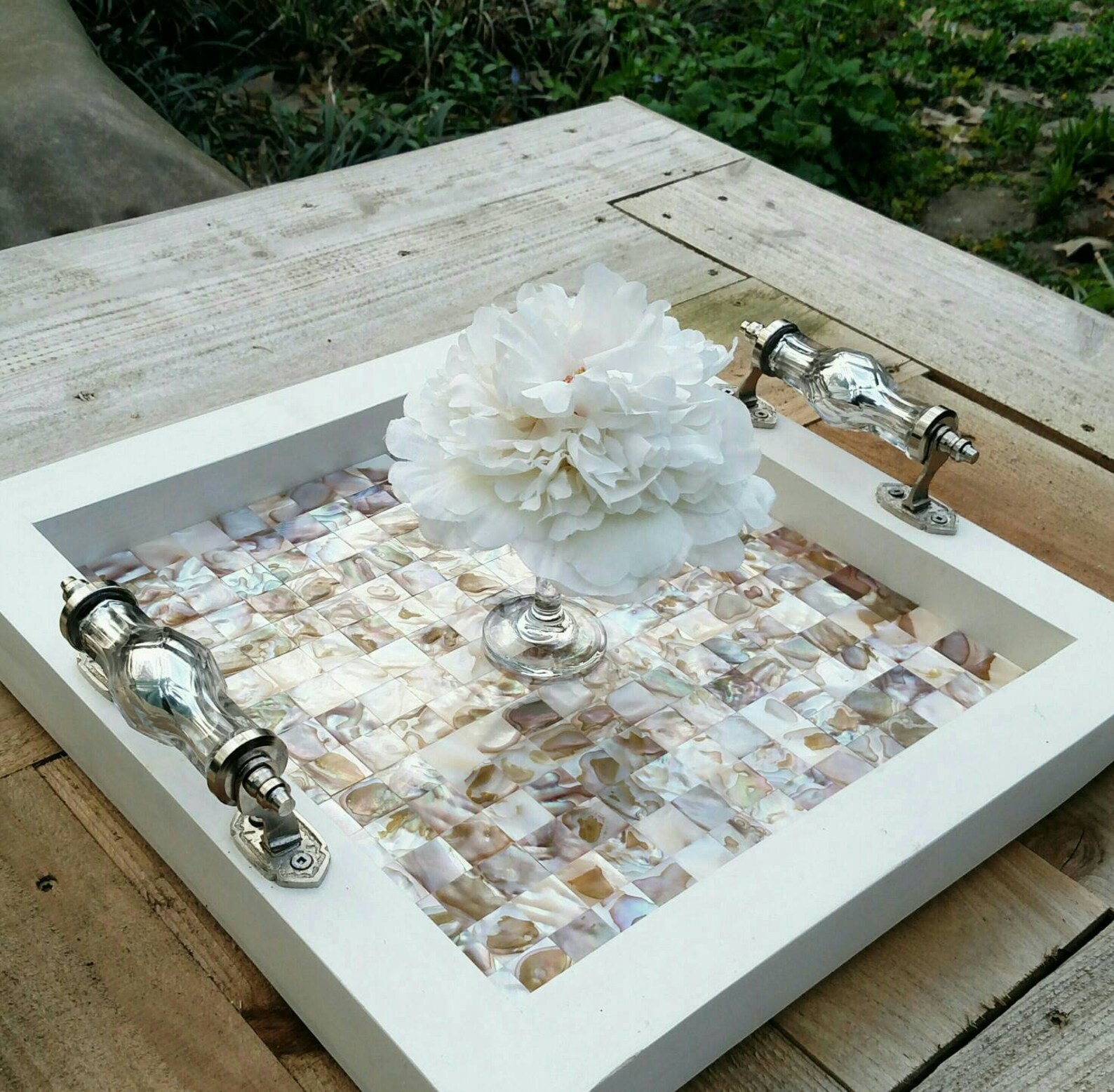 Serving Tray. Ottoman Tray. Table Centerpiece. White Wood. Cream Mother ...