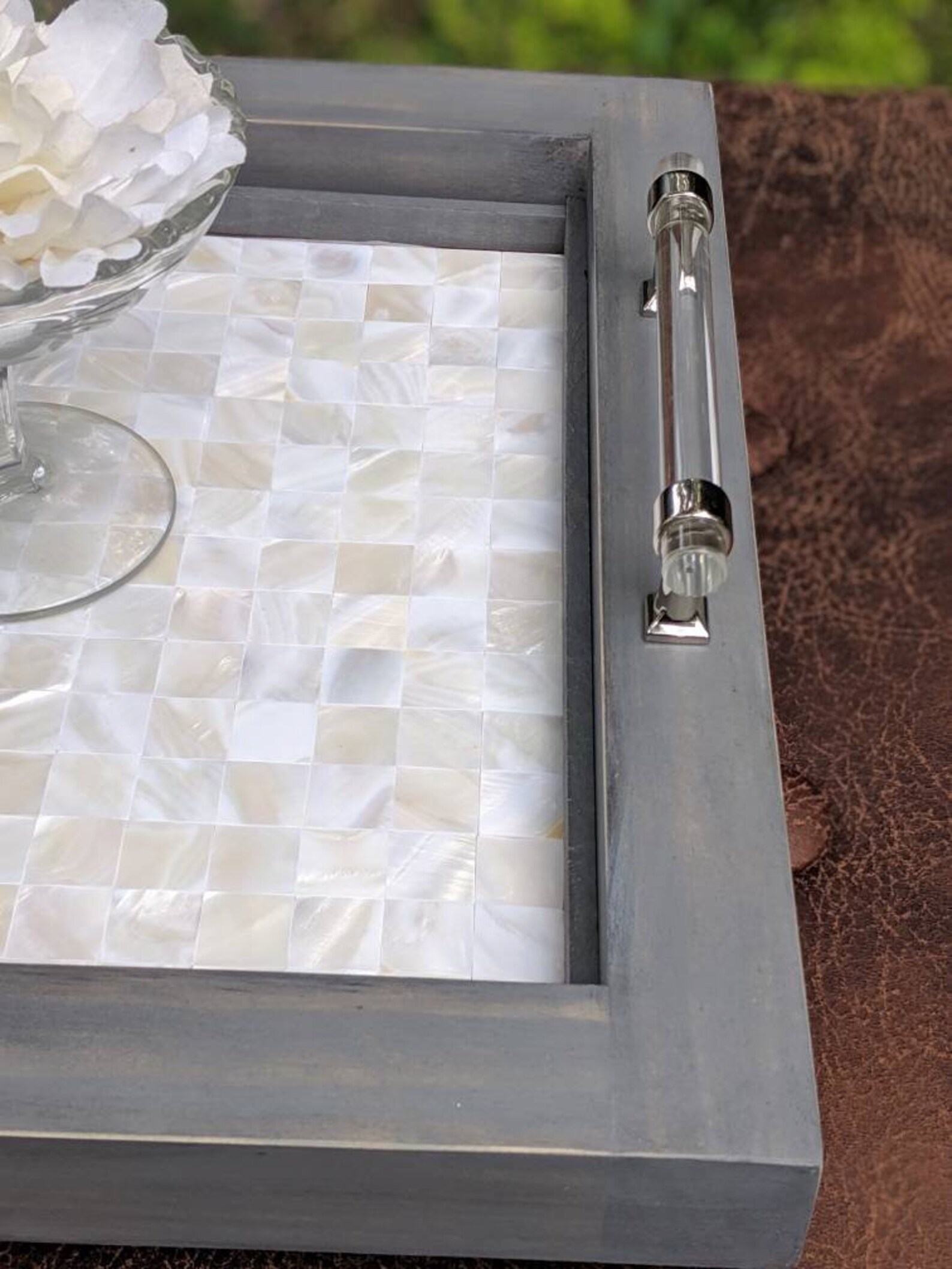 Ottoman Tray. Serving Tray. Gray Wood Frame. White Mother of - Etsy