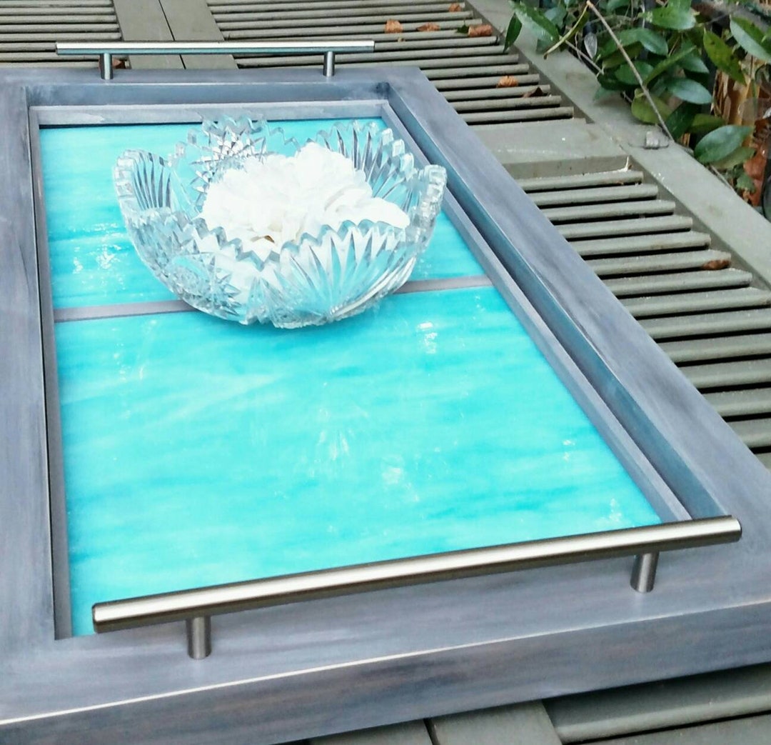 Serving Tray-medium-wood and Light Blue Art Glass With Stainless Steel ...