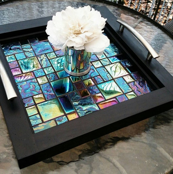 Ottoman Tray. Serving Tray. Vanity Tray. Black Wood. Iridescent Purple Gold Glass Mosaic Tile. Silver Handles. 15 Square. Free Shipping Etsy Australia
