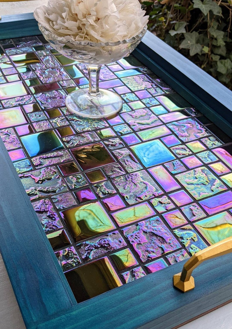 Ottoman Tray. Teal Wood. Iridescent Purple Blue Mosaic Glass Tile. 27 ...