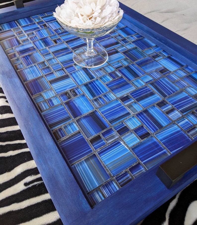 Ottoman Tray. Bright Blue Wood Frame. Blue Mosaic Glass Tile. Serving ...