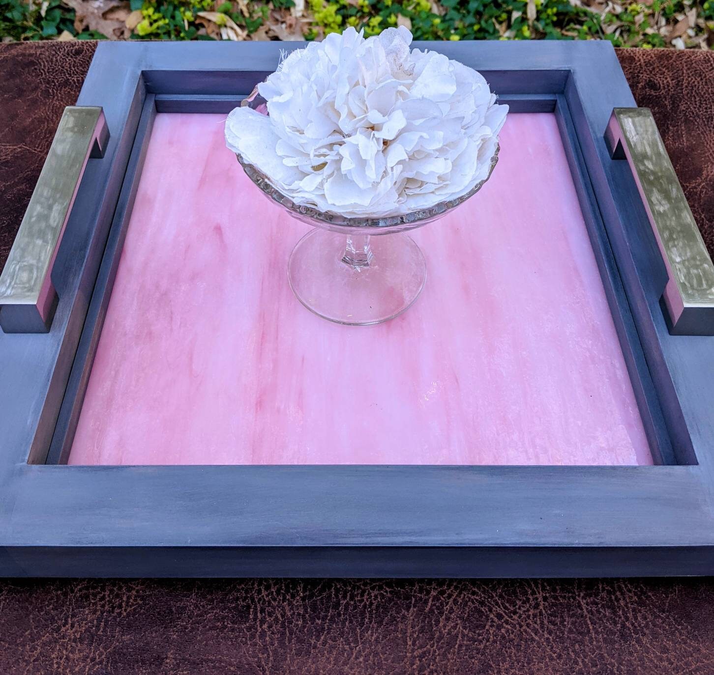 Pink Serving Tray. Ottoman Tray. Vanity Tray. Gray Wood. Pink Glass ...