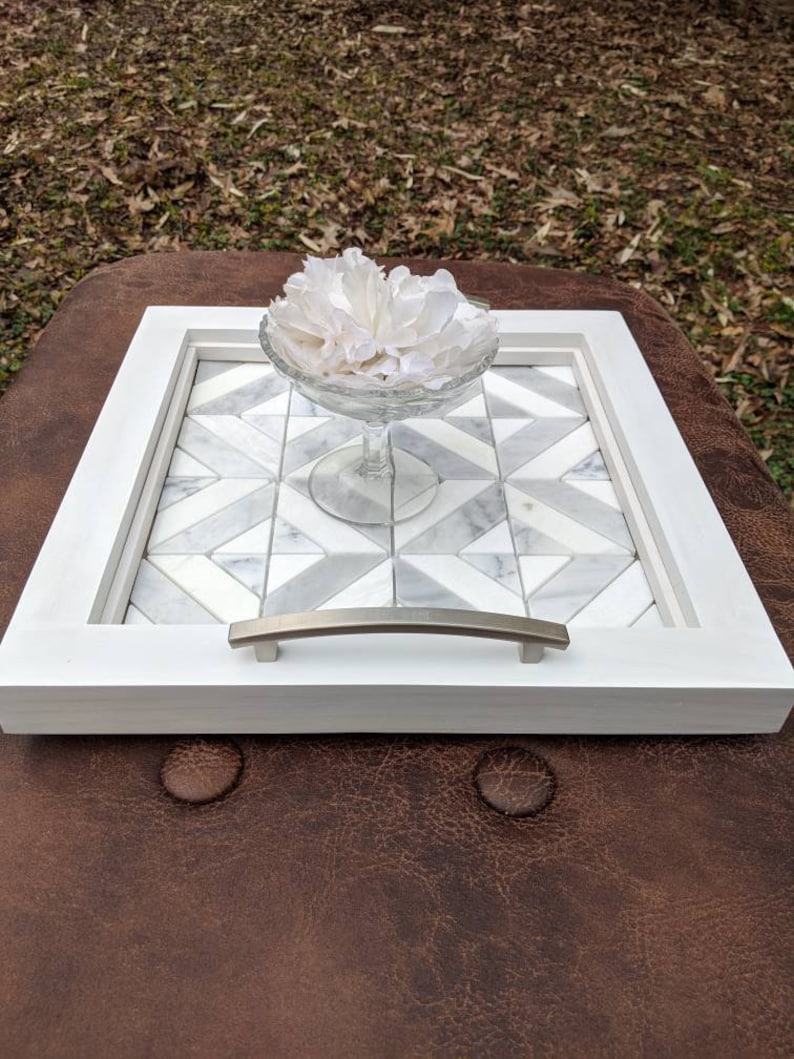 Ottoman Tray. Serving Tray. White Finished Wood. White and Gray Marble ...