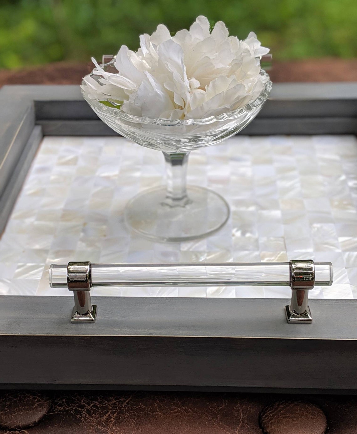 Ottoman Tray. Serving Tray. Gray Wood Frame. White Mother of - Etsy