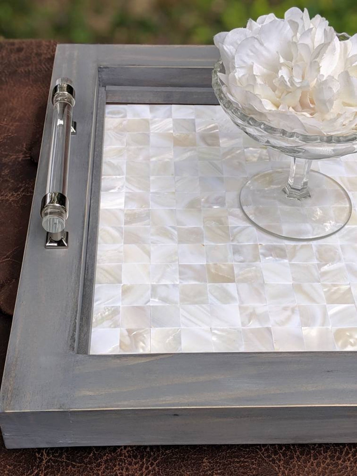 Ottoman Tray. Serving Tray. Gray Wood Frame. White Mother of - Etsy