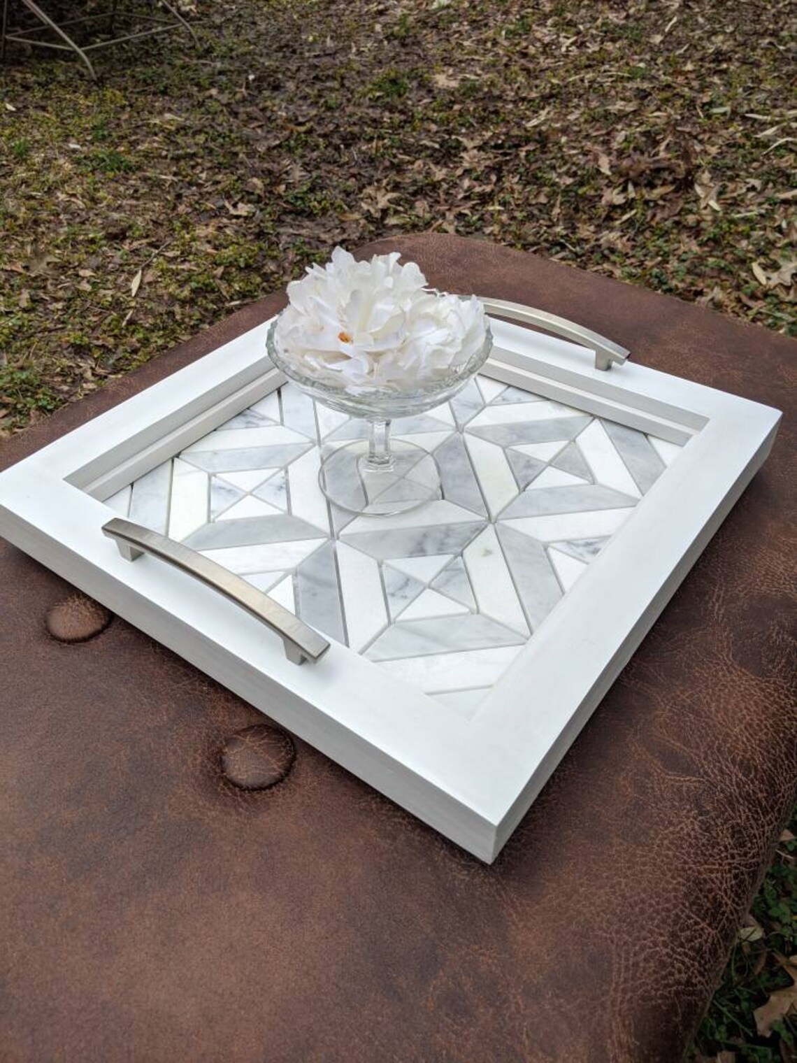 Ottoman Tray. Serving Tray. White Finished Wood. White and Gray Marble ...